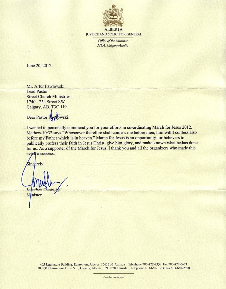 This is an official letter from the Alberta Justice and Solicitor ...